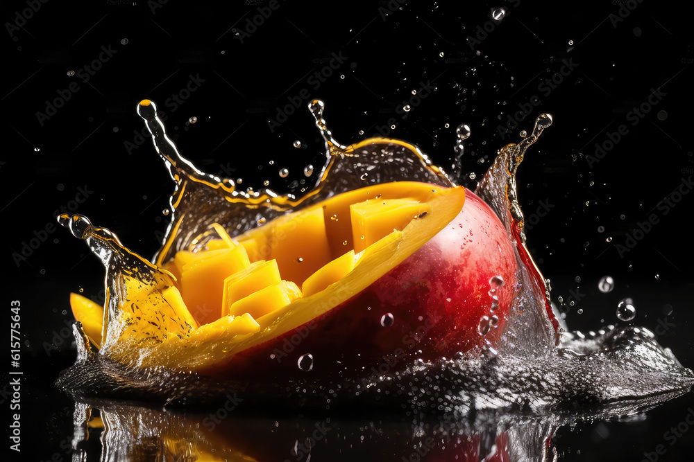 A delicious ripe cut orange mango in bursts of clear water. Shot in ...