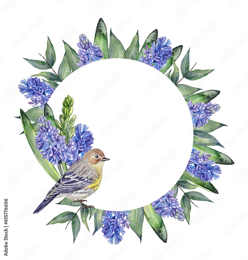 Pre-made frame with watercolor hand-painted elements of blue-purple ...