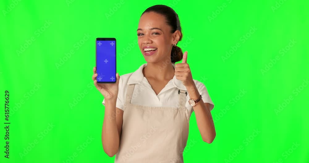 Phone, green screen and cashier woman in thumbs up, success and like ...