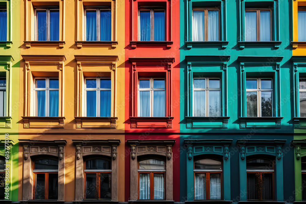 The facade of the building with colorful rainbow windows and doors ...