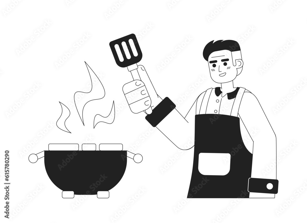 Adult man cooking on bbq grill monochromatic flat vector character ...
