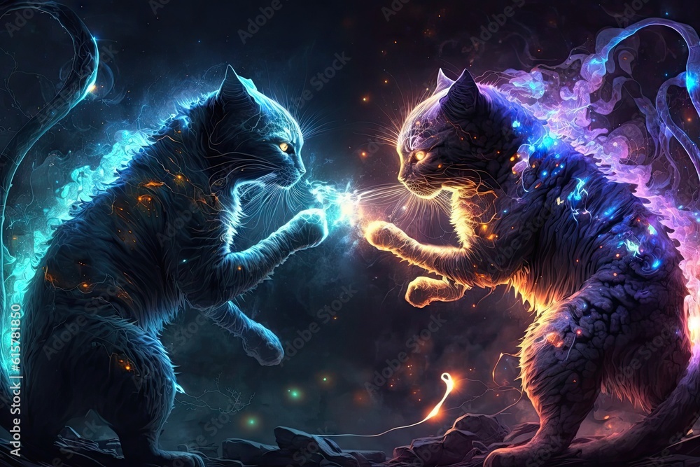 Abstract image art in two young cat fighting with laser powerful ...