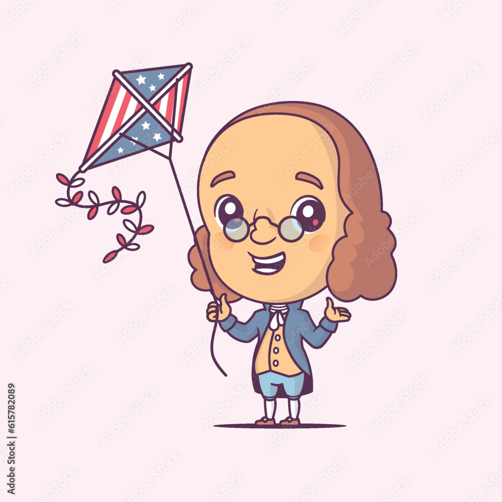 Benjamin Franklin holding a US flag colored kite cartoon vector illustration in chibi style ...