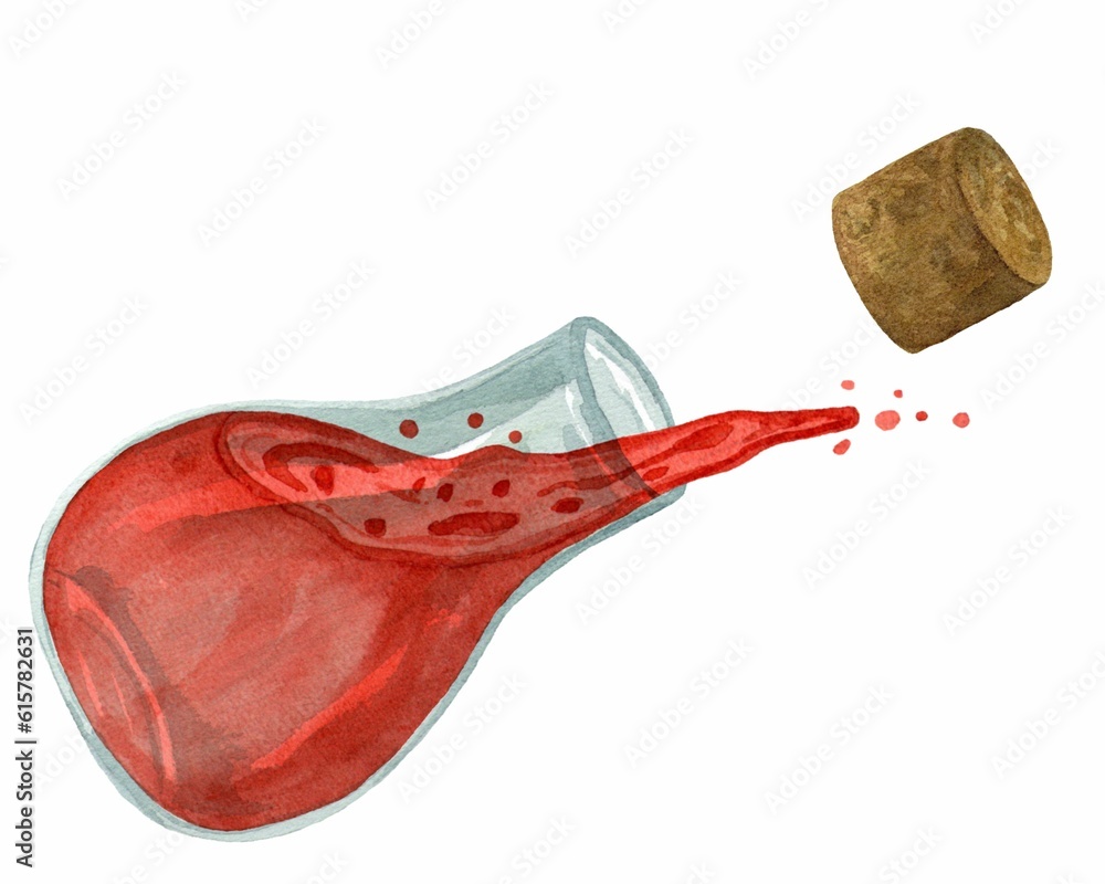 Magic potion bottle with spilled red liquid. Halloween decor ...