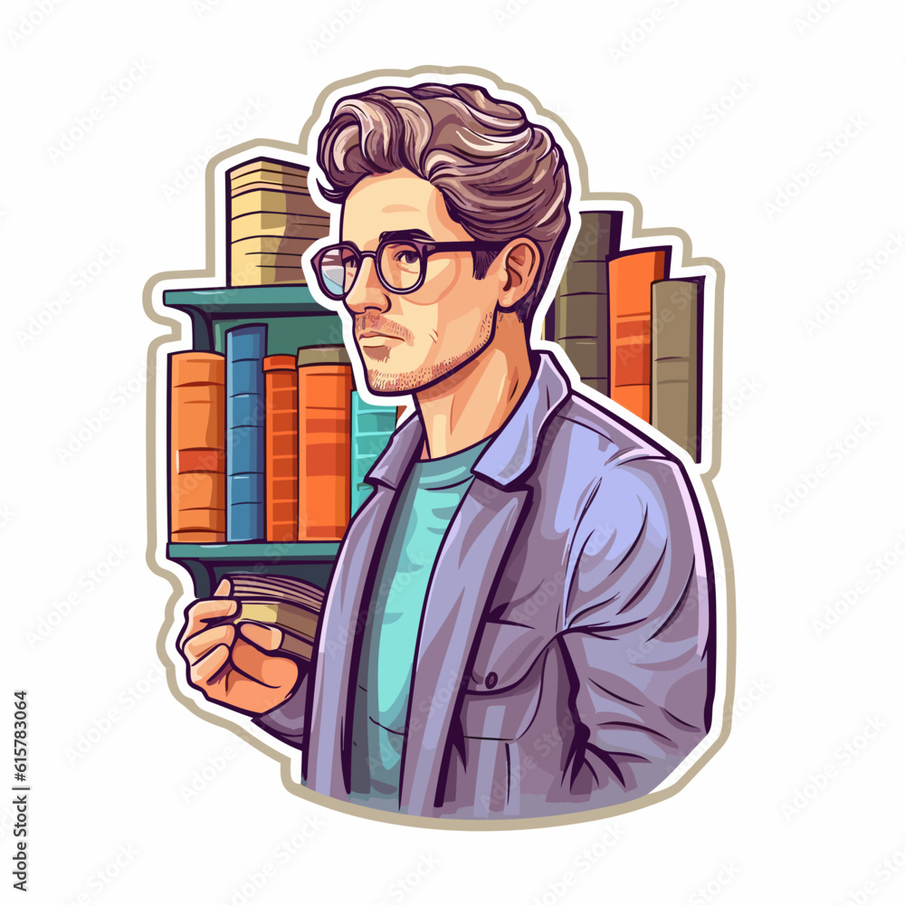 Playful cartoon Intellectual at library sticker Illustrations in ...