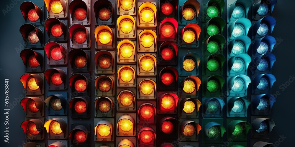 ภาพประกอบสต็อก Many colorful traffic lights, concept of Traffic control ...