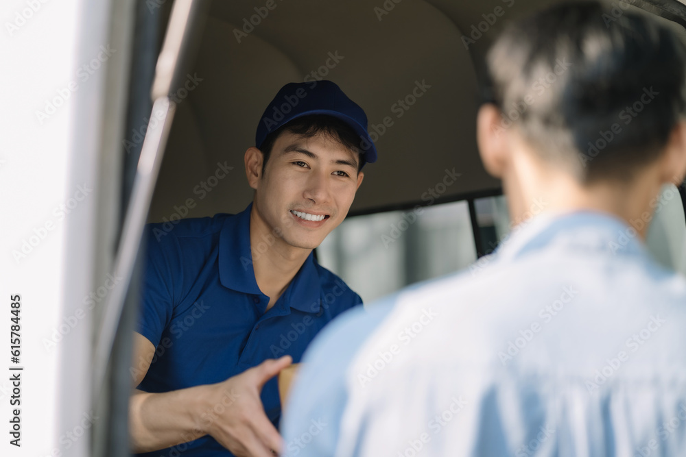Home delivery service and working service mind, Male customer hand receiving a cardboard boxes ...