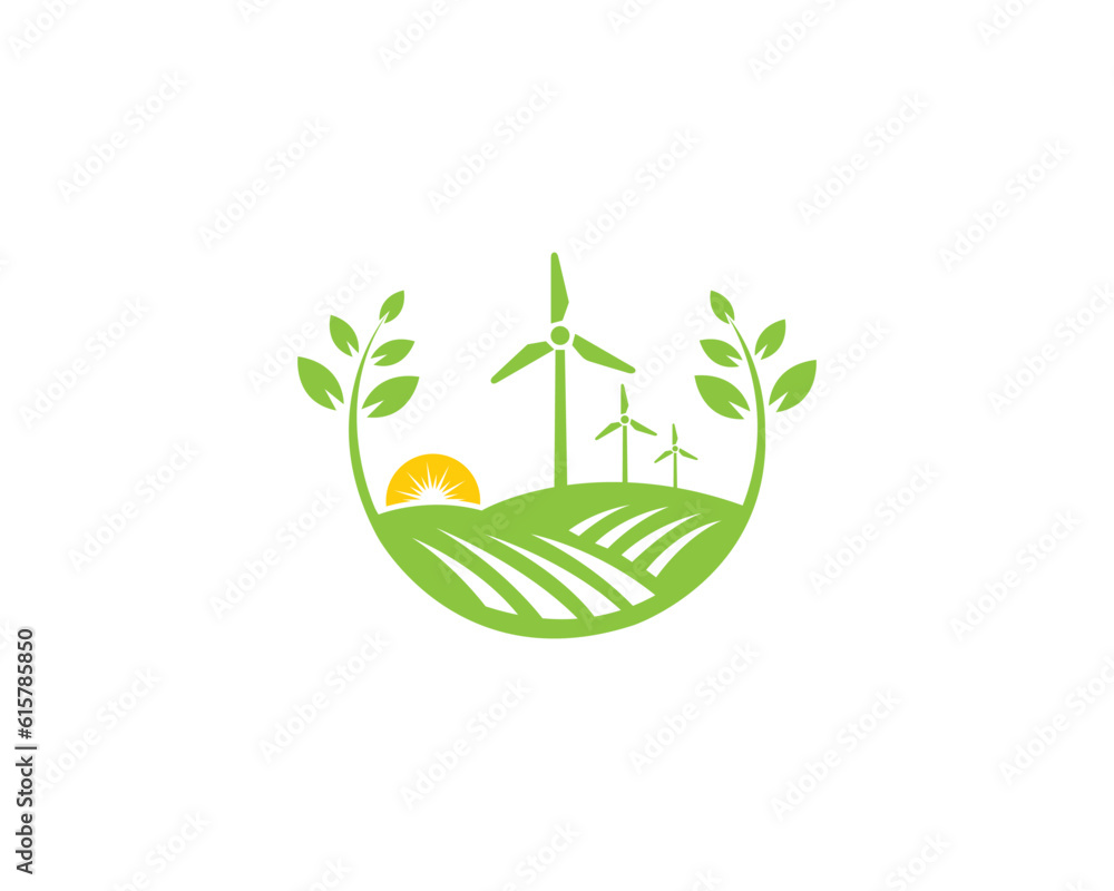 Clean energy wind turbines logo design with sun and field symbol ...