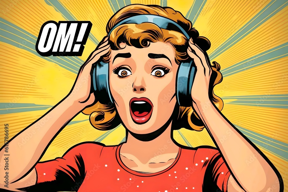 Retro Comic OMG! Emotions in Headphones - Advertising Poster Stock ...