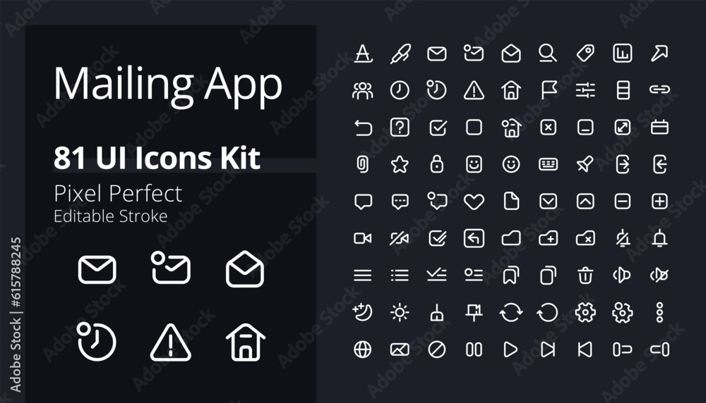 Mailing app pixel perfect white linear ui icons kit for dark theme. Communication technology ...