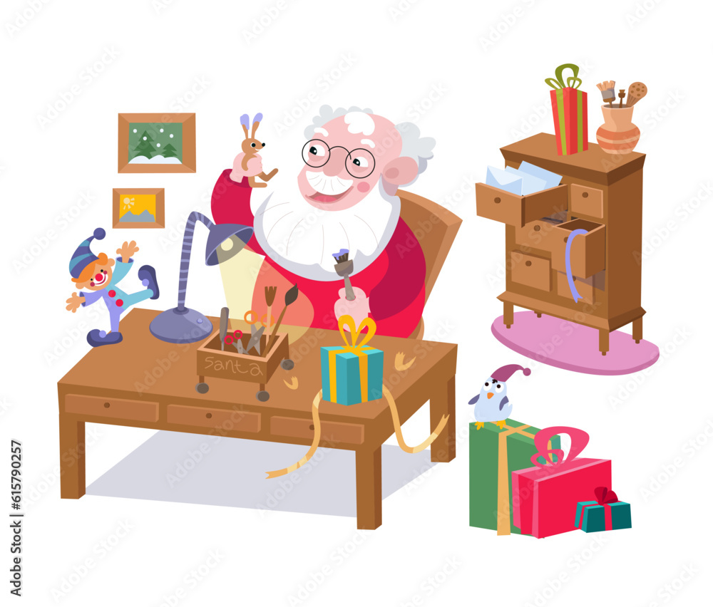 Cute Santa makes gifts for children. Santa Claus workshop with ...