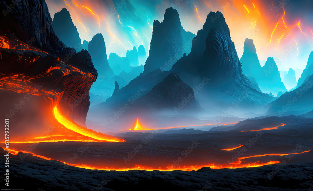 Landscape of an alien hot planet with rivers of fiery magma, beautiful ...