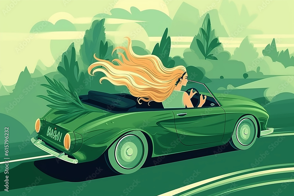 Illustration of pretty woman driving car, generative ai Stock ...