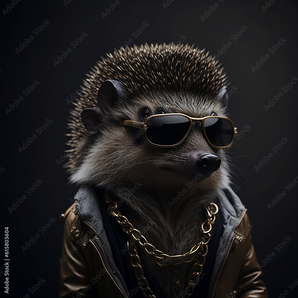 Portrait of a gangster hedgehog with scar wearing gold chains and ...