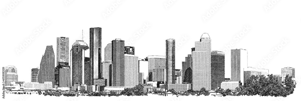 Houston skyline, Texas, USA, ink sketch illustration, white background ...