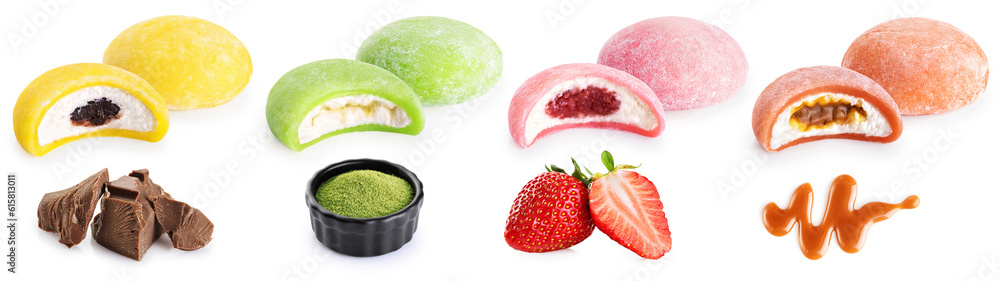 Four flavors of mochi ice cream isolated on a white background ...