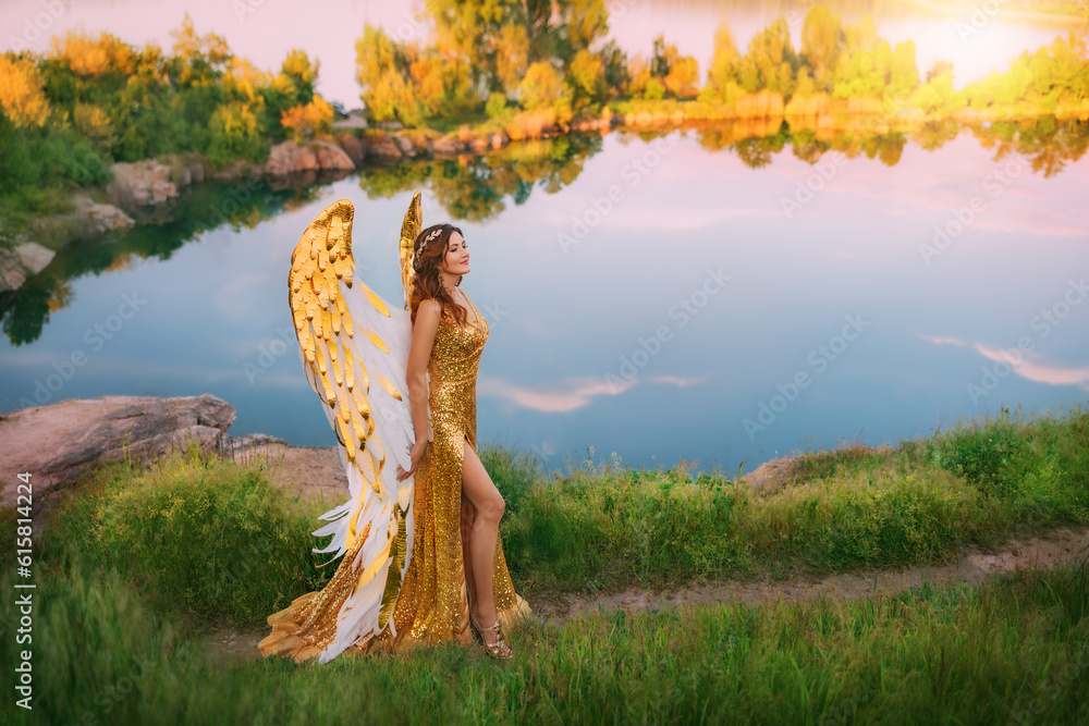 Art photo Fantasy woman goddess angel walks path blue sky reflection on ...