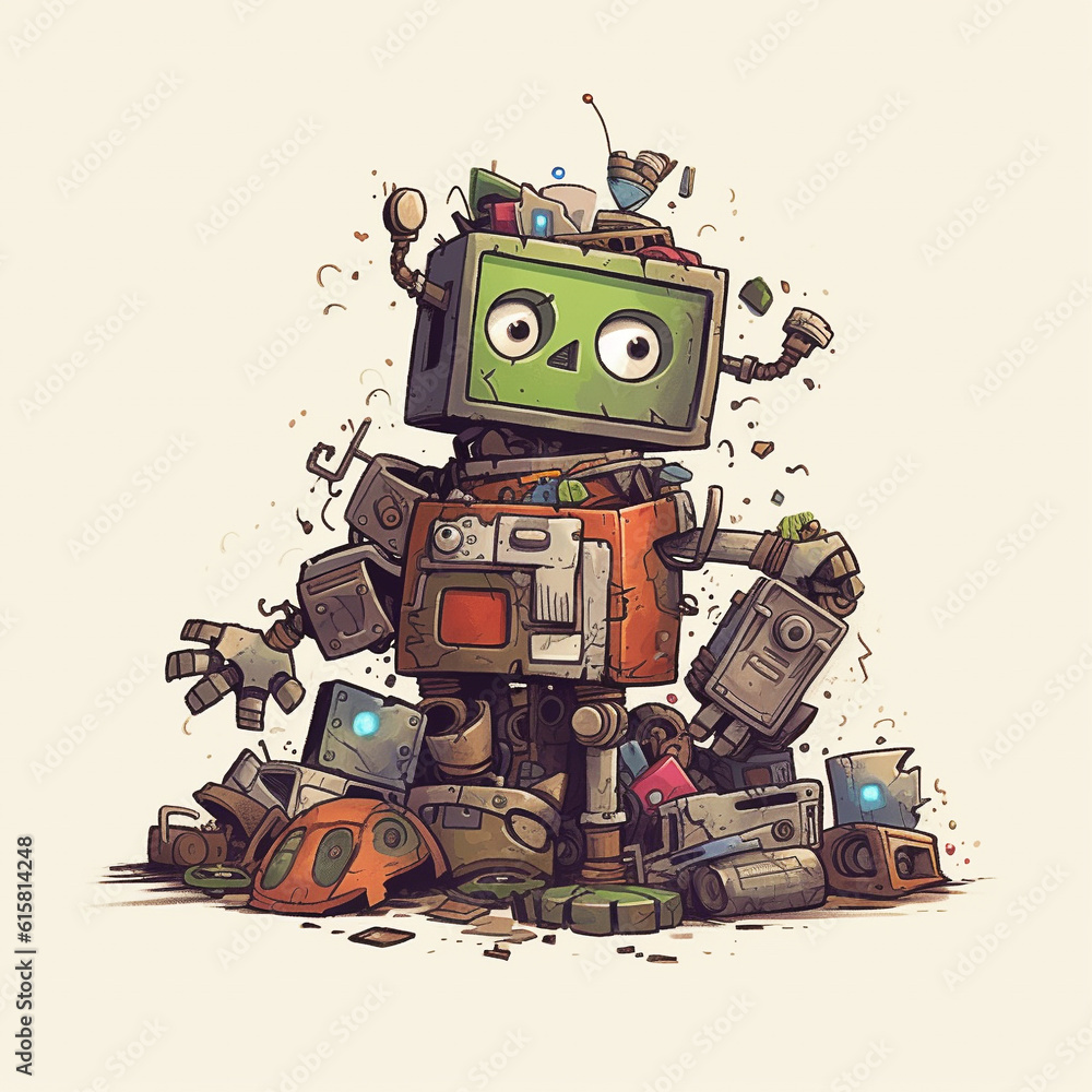 Cartoon illustration, junkyard electronic waste , cute robot unhappy bad moody Generative Ai ...