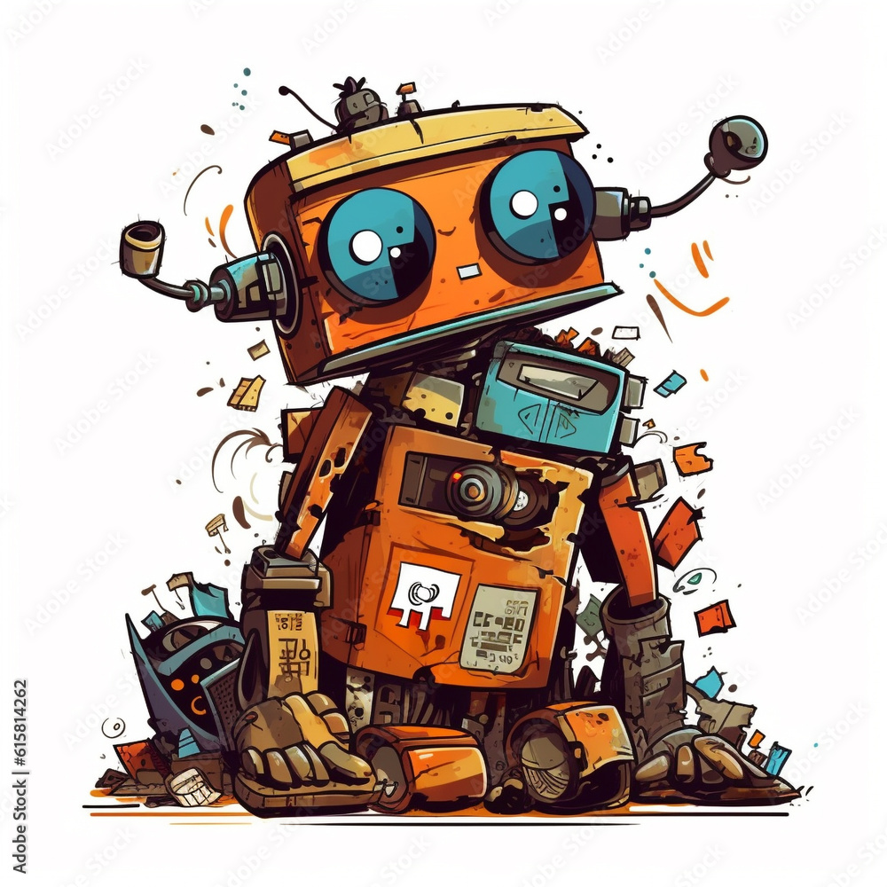 Cartoon illustration, junkyard electronic waste , cute robot unhappy bad moody Generative Ai ...