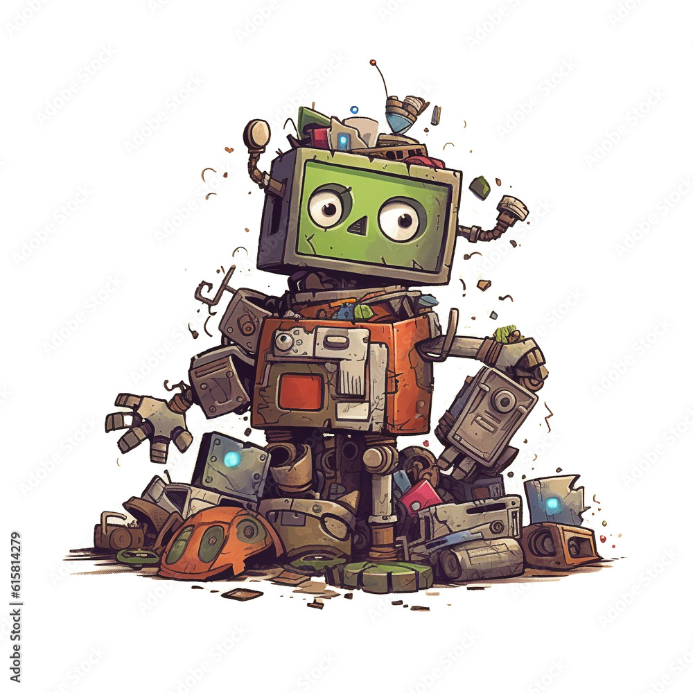 Cartoon illustration, junkyard electronic waste , cute robot unhappy ...