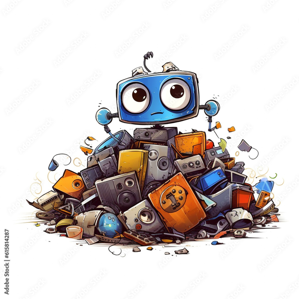 Cartoon illustration, junkyard electronic waste , cute robot unhappy ...