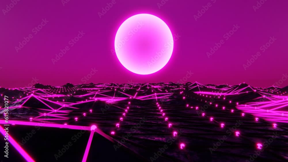 Abstract 80s 3D background. Retrowave videogame wallpaper with pink sun ...