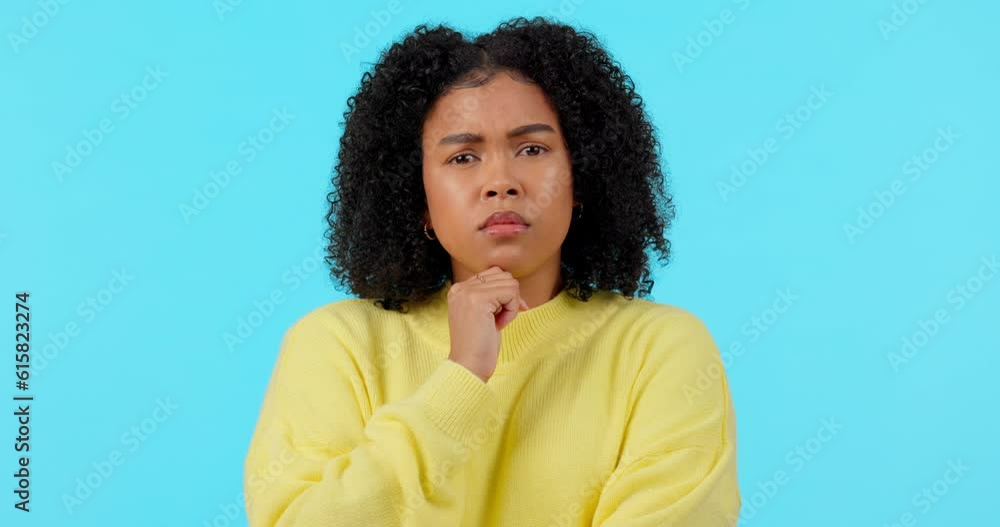 African woman, thinking face and studio with ideas, mindset and focus ...