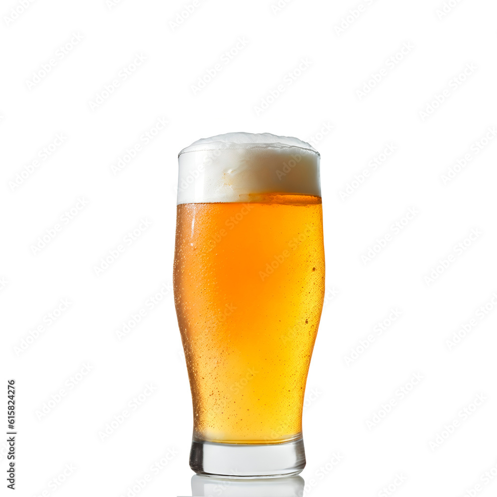 Un vaso con cerveza fresca sobre un fondo blanco liso y aislado. Vista ...