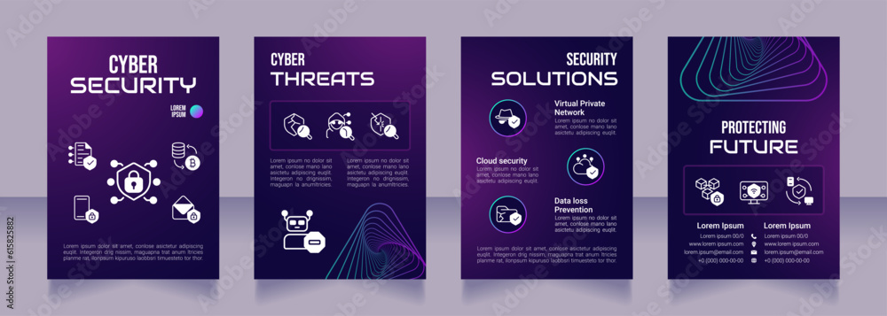 Cyber security purple premade brochure template. Cybersecurity threats. Information safety ...