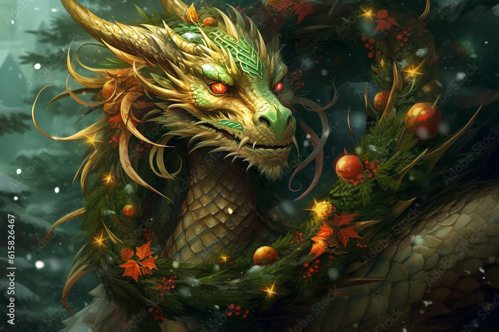 green Chinese dragon and branches of a Christmas tree. the concept of ...
