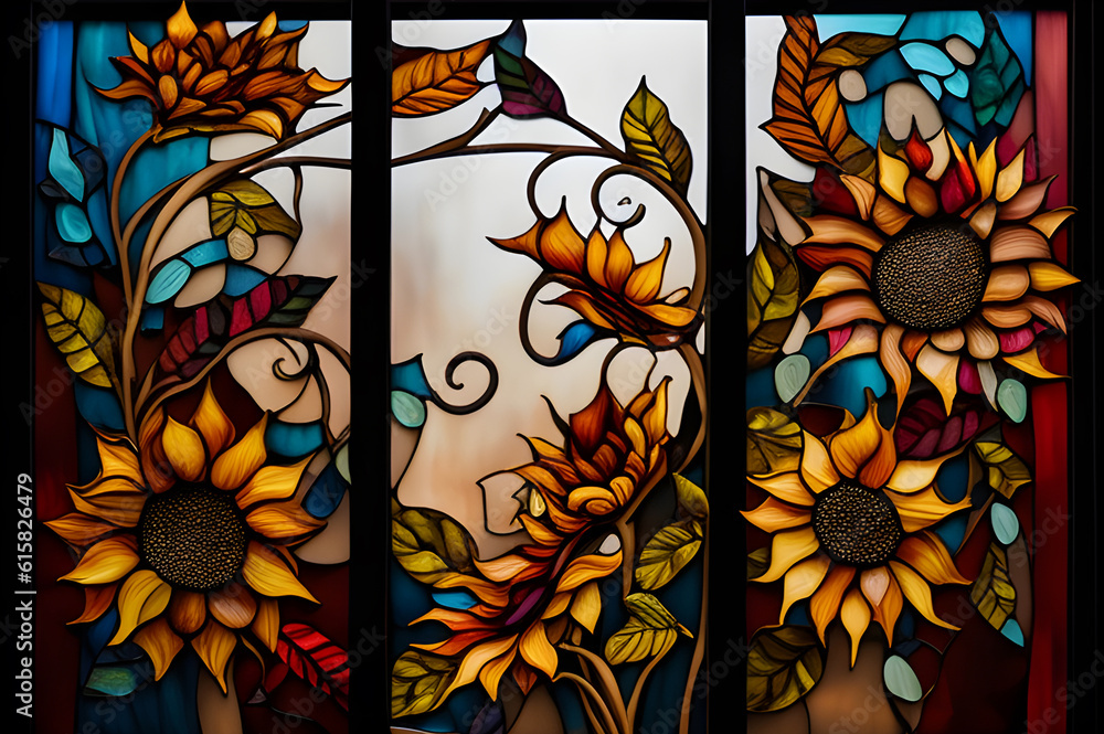 background in the technique of vintage stained glass with sunflower ...