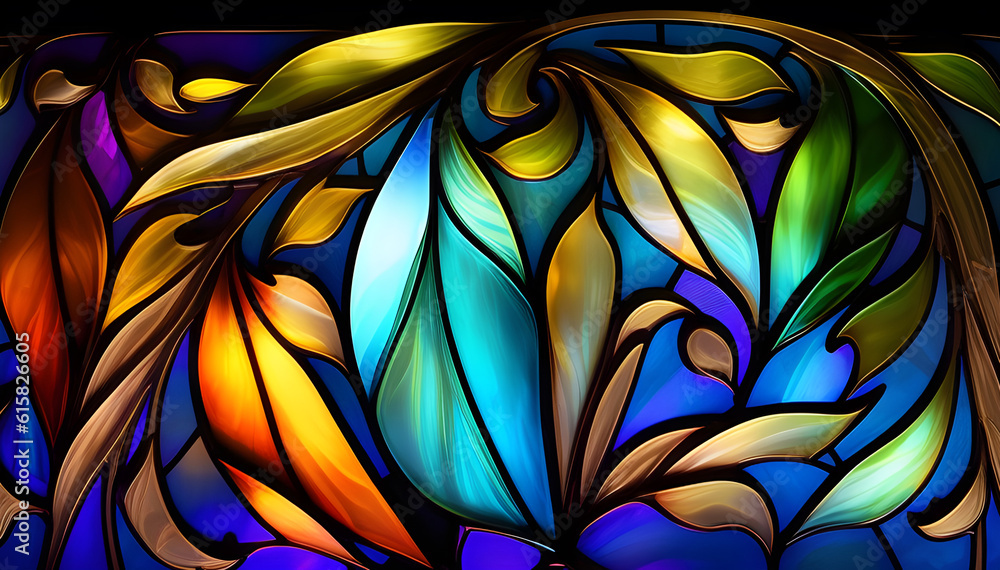 background in the technique of vintage stained glass with leaf motifs ...