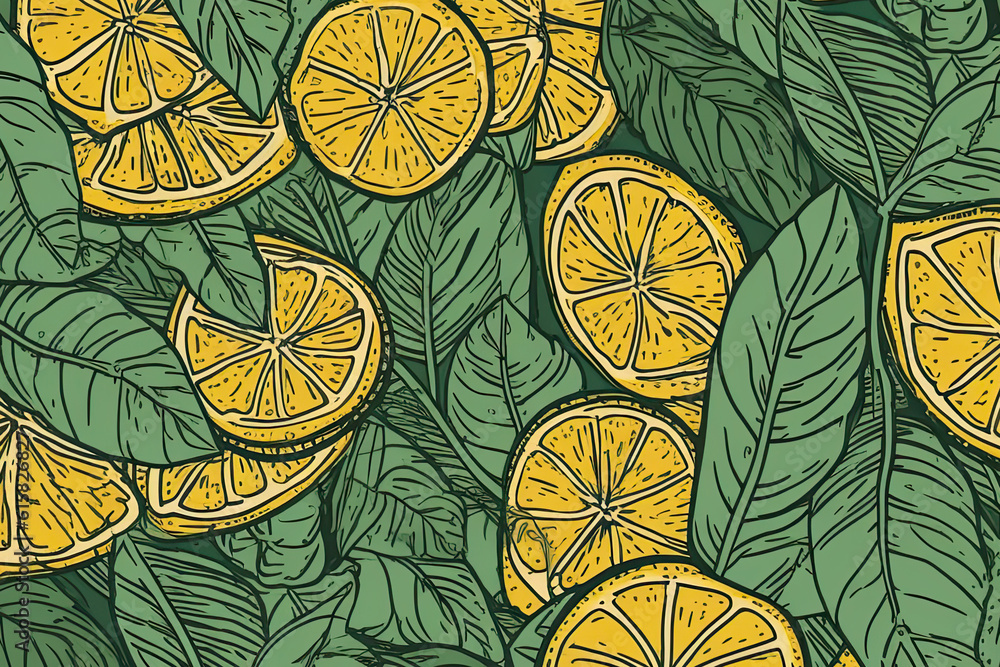 Yellow lemon with green leaves, lemon slice pattern, wallpaper citrus yellow and green, green ...