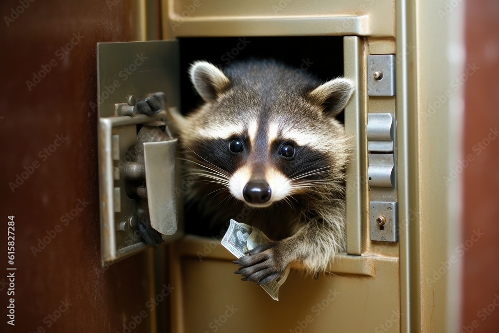raccoon as a burglar stealing from a safe deposit box, fantasy ...