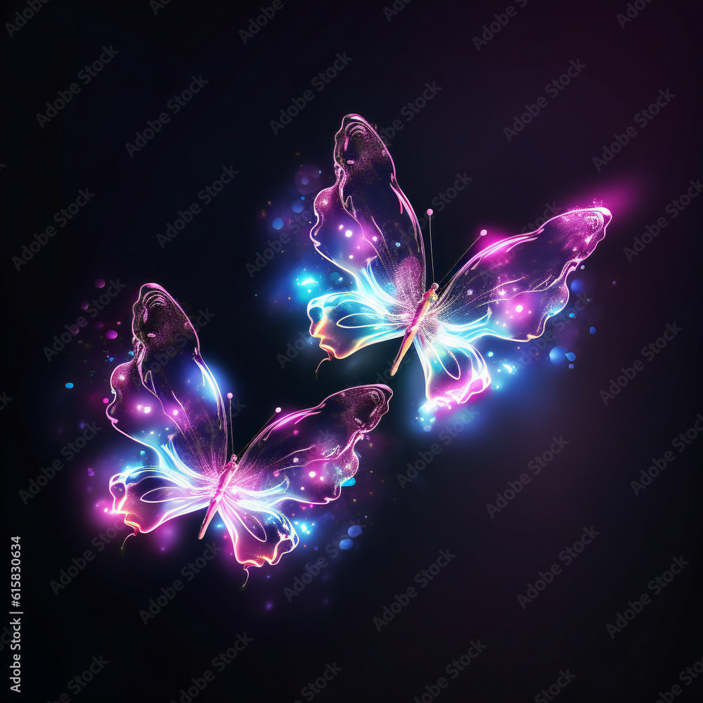 Glowing butterflies on isolated black background. Generative AI. Stock ...