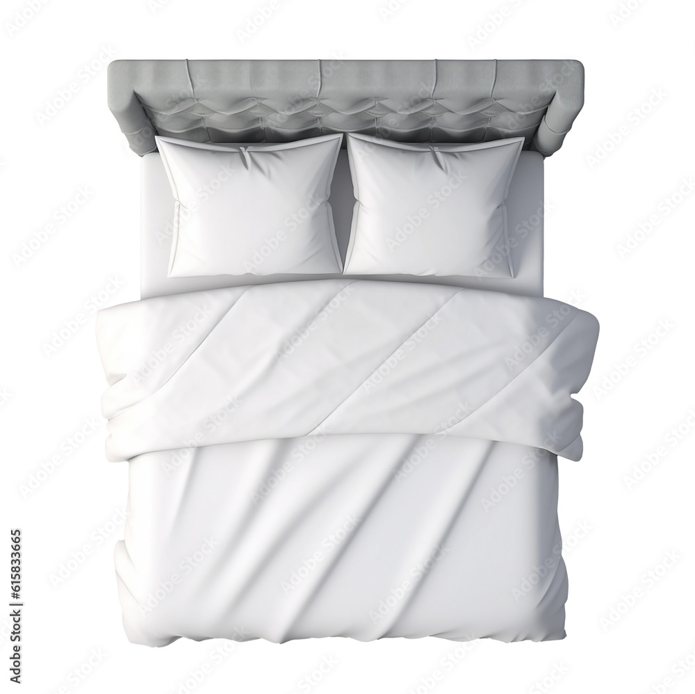 Modern Bed With White Bedclothes. Top Plan View. Interior Design Mockup ...