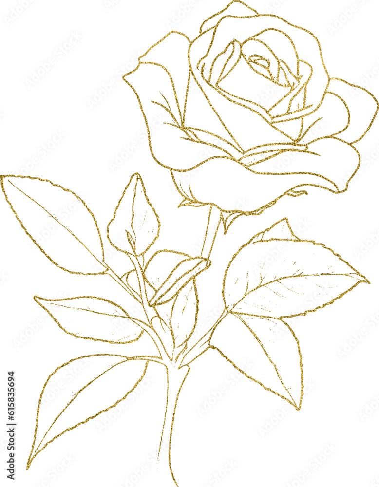 Rose Gold Glitter Flower Line Drawing Silhouette Stock Illustration ...