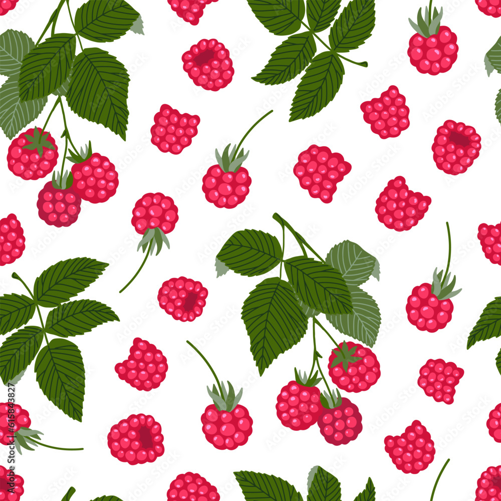Raspberry vector seamless pattern. Sweet red forest berries and ...