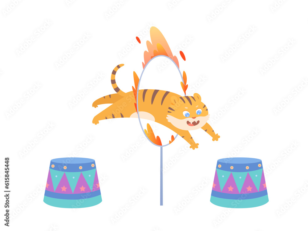 Circus performance of tiger jumping through ring with fire vector ...