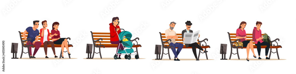 People sitting on city park or garden benches vector illustration ...