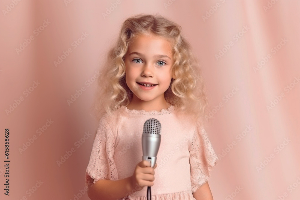 Smiling girl child singing into microphone, girl isolated on pink ...