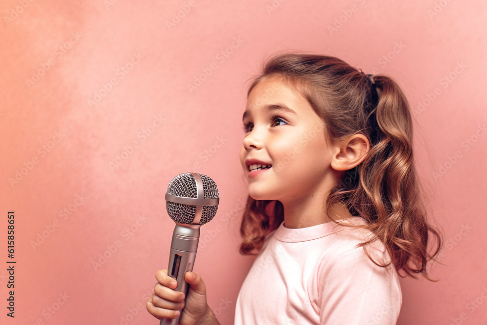 Smiling girl child singing into microphone, girl isolated on pink ...