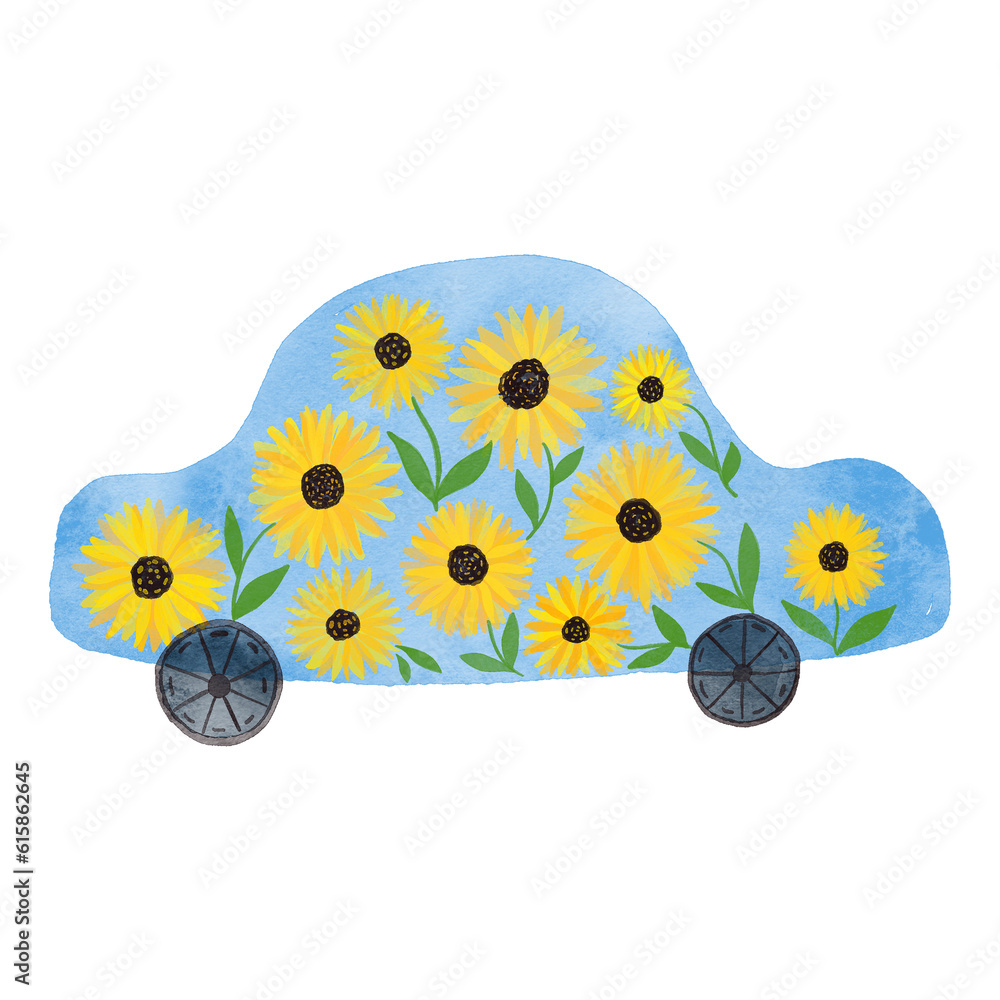 Cartoon car in blue with sunflower flowers. Naive drawing of a car ...