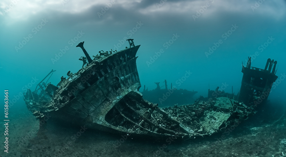 amazing sunken ship below the surface of the sea on the ground in high ...