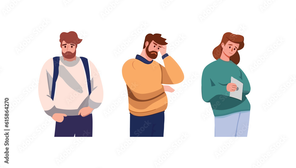 Confused characters men and women. in doubts and thoughts. Worry and ...