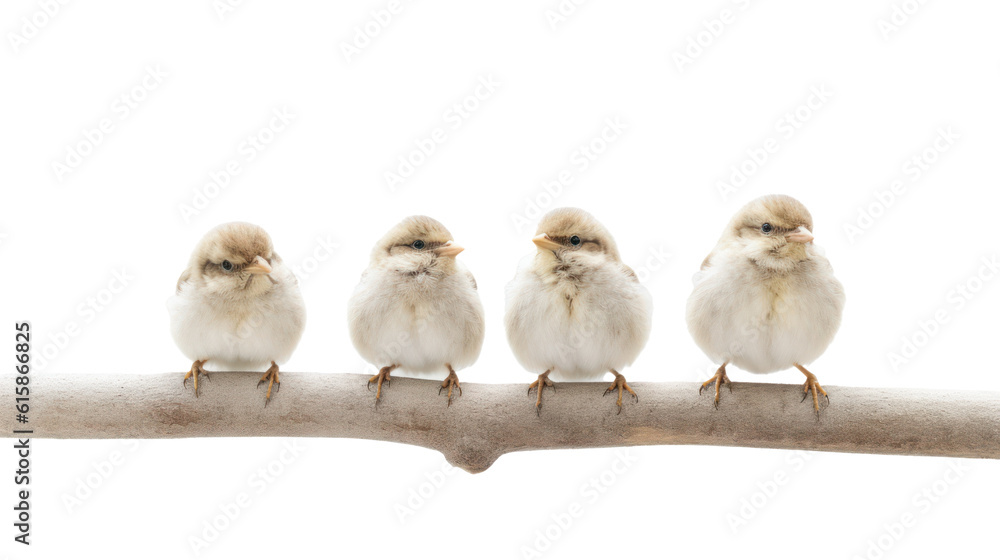 four cute little baby birds sitting on a tree branch outside in the ...