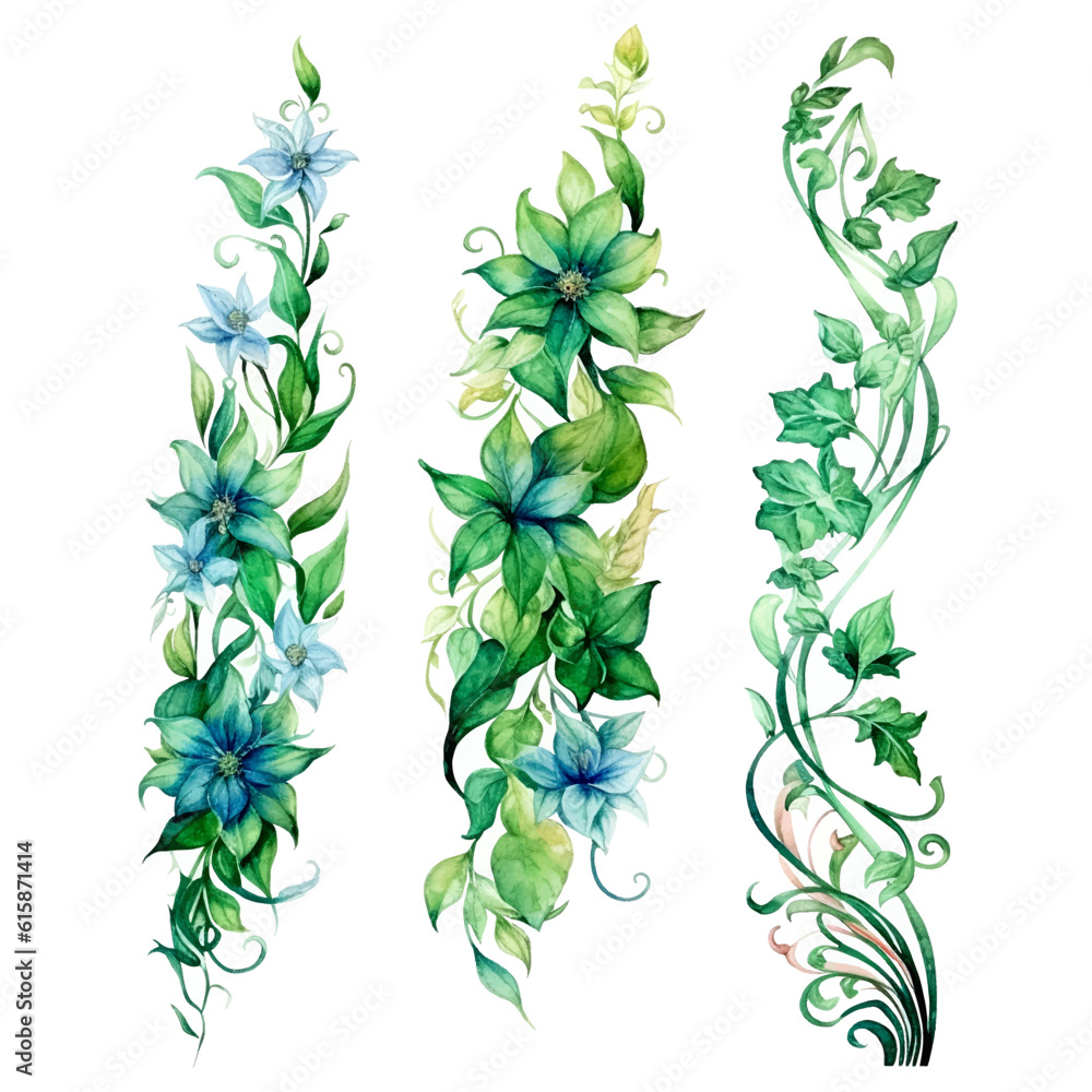 Green vine climbing plant with green leaf set, flat vector illustration ...