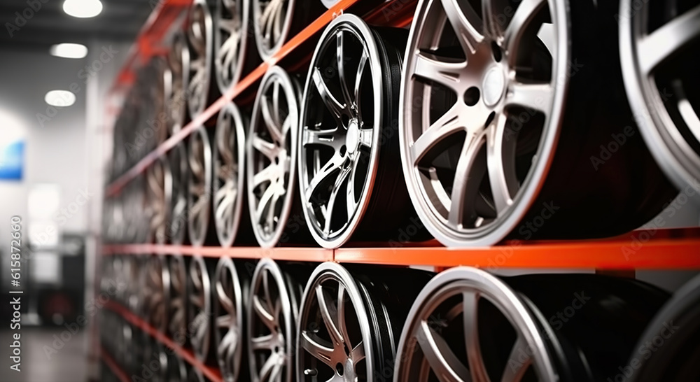Stand with alloy wheels in modern tire store. Generative AI Stock ...