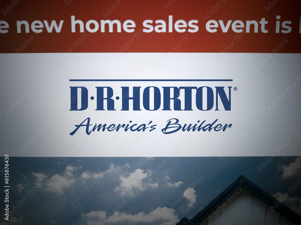 June 2023, the logo of DR Horton on a wall of screens. D.R. Horton's logo, home construction ...