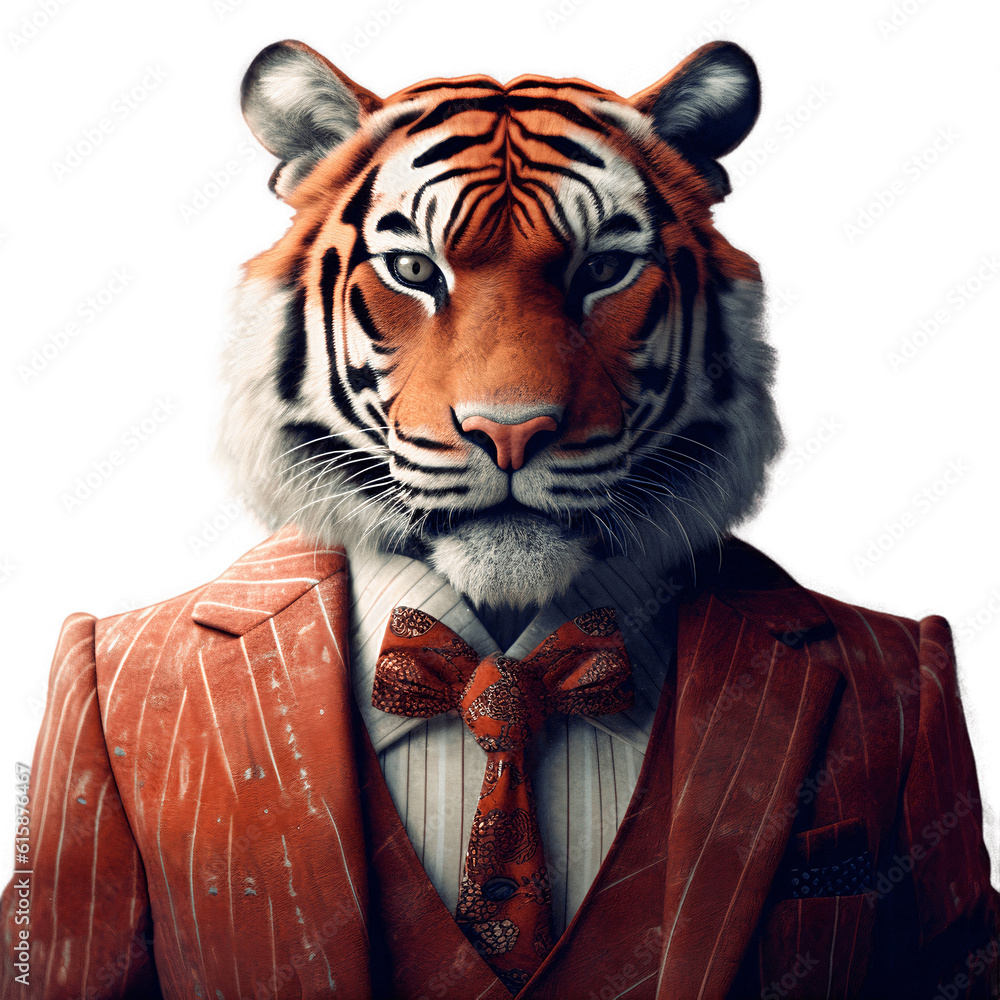 Serious tiger wearing suit portrait isolated on transparent background ...